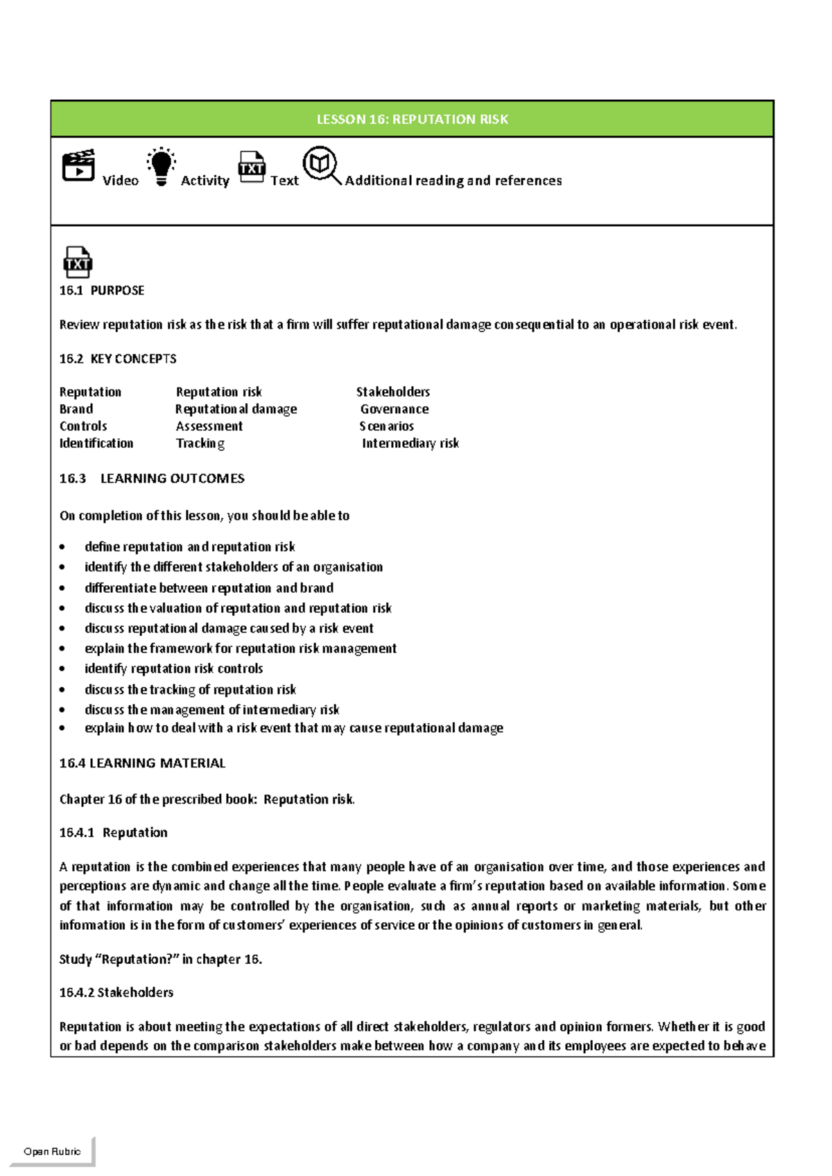 RSK4801 B0 LESSON 16: UNDERSTANDING REPUTATION RISK - Studocu