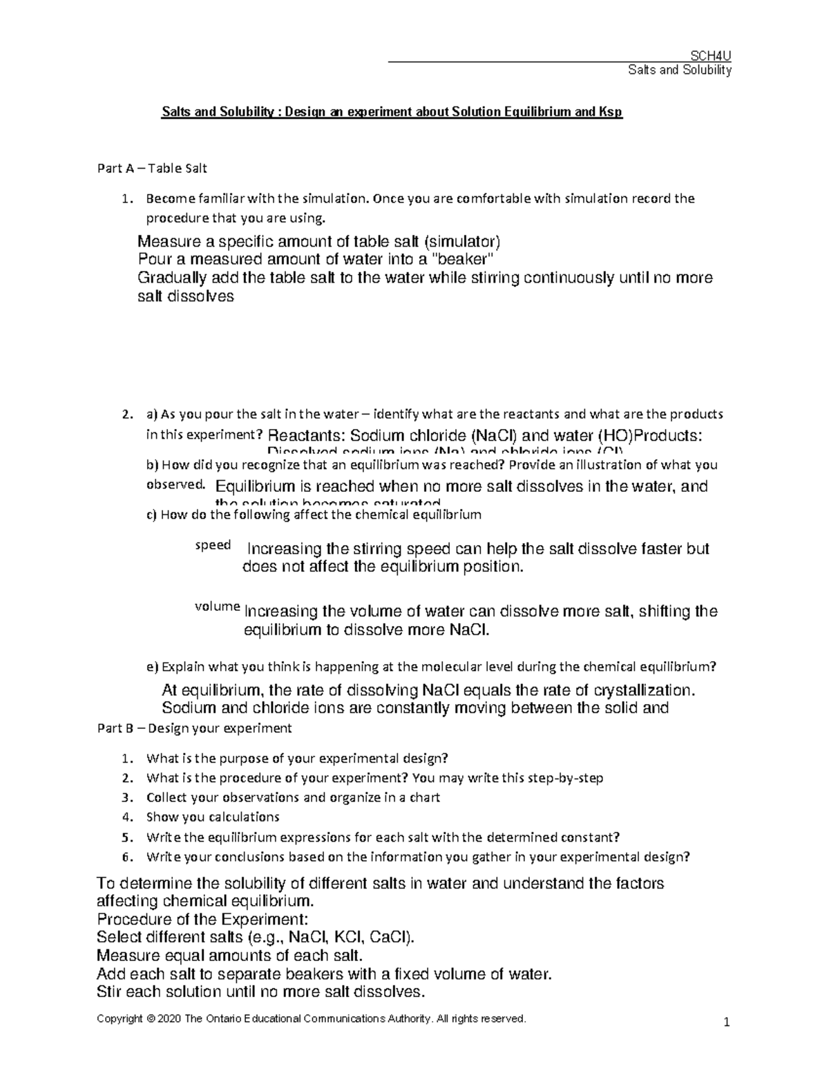 SCH4U Salts and Solubility Experiment on Solution Equilibrium and Ksp ...