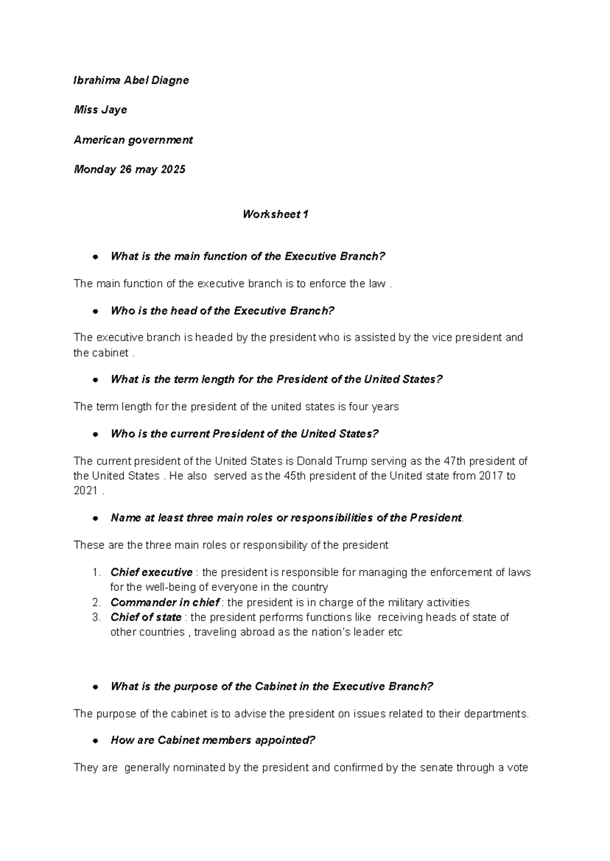 American Government Worksheet 1: Executive Branch Overview - Studocu