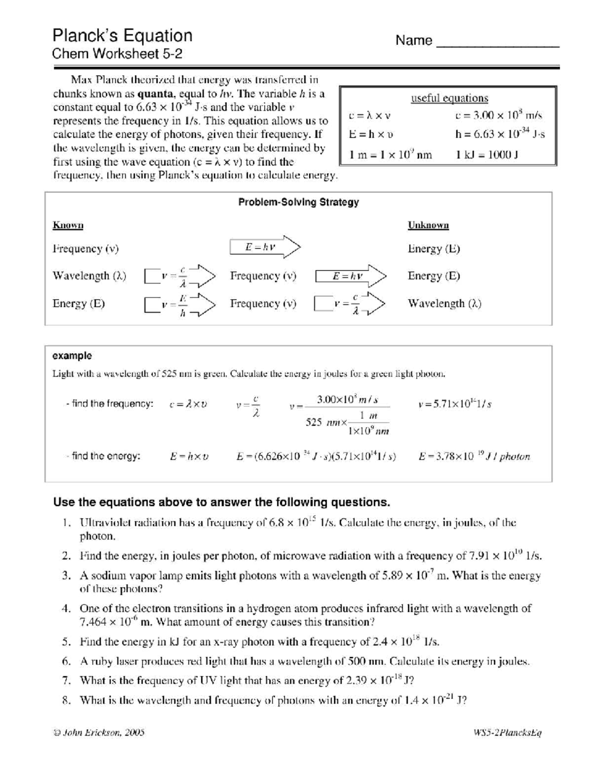 Planck's Equation Worksheet: Energy & Photons (Chem 101) - Studocu