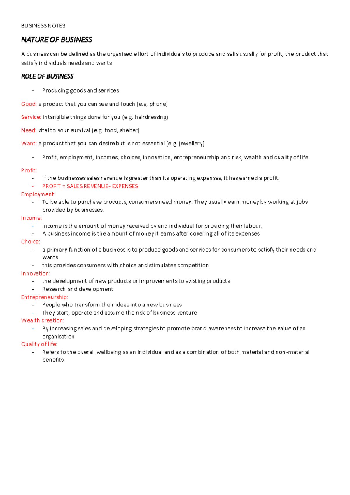 2019 BS Full Business Notes: Nature, Role, and Types of Business - Studocu