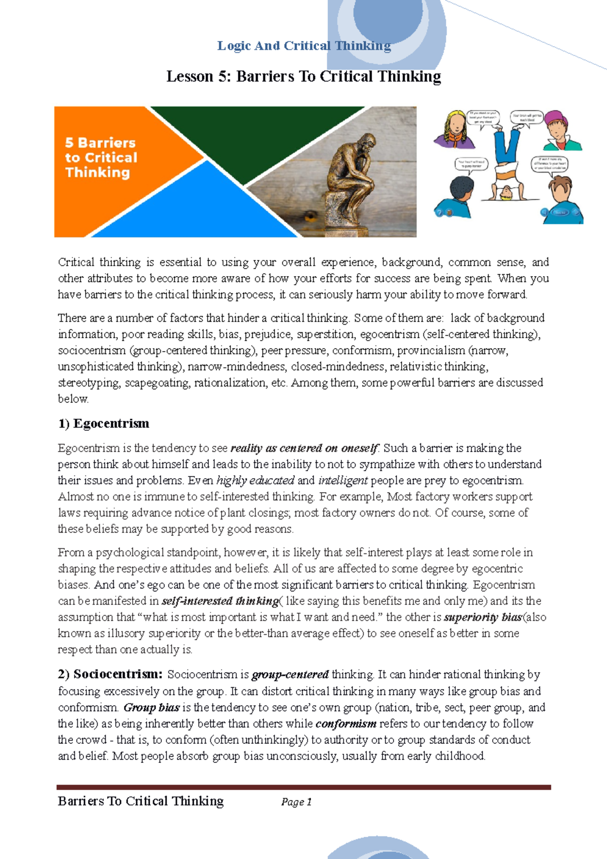 Logic assignment 111 - Lesson 5: Barriers To Critical Thinking Critical ...