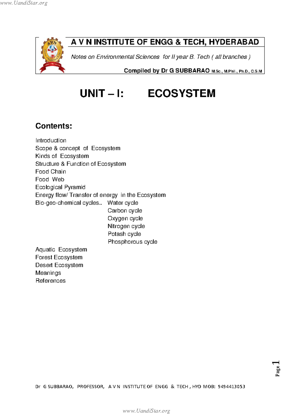 UNIT I: Ecosystem Notes for II Year B. Tech - Environmental Sciences ...