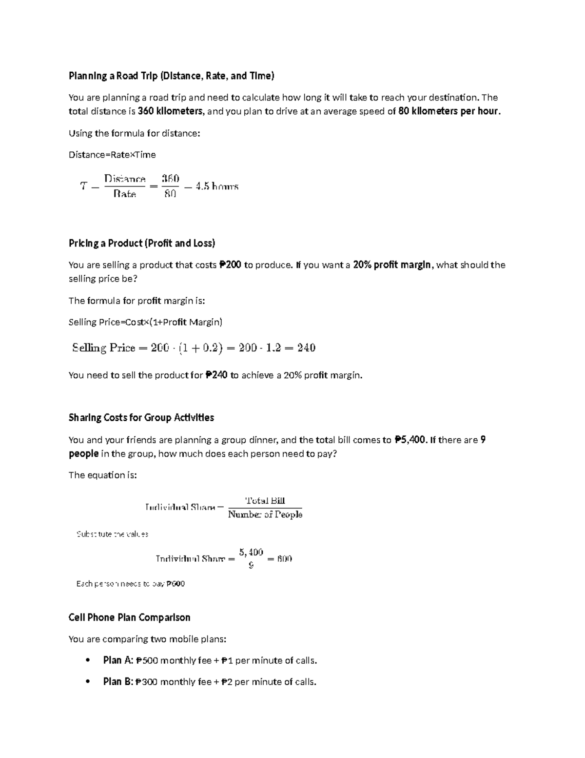 Scenario - Math Applications: Road Trip, Profit & Cost Sharing - Studocu