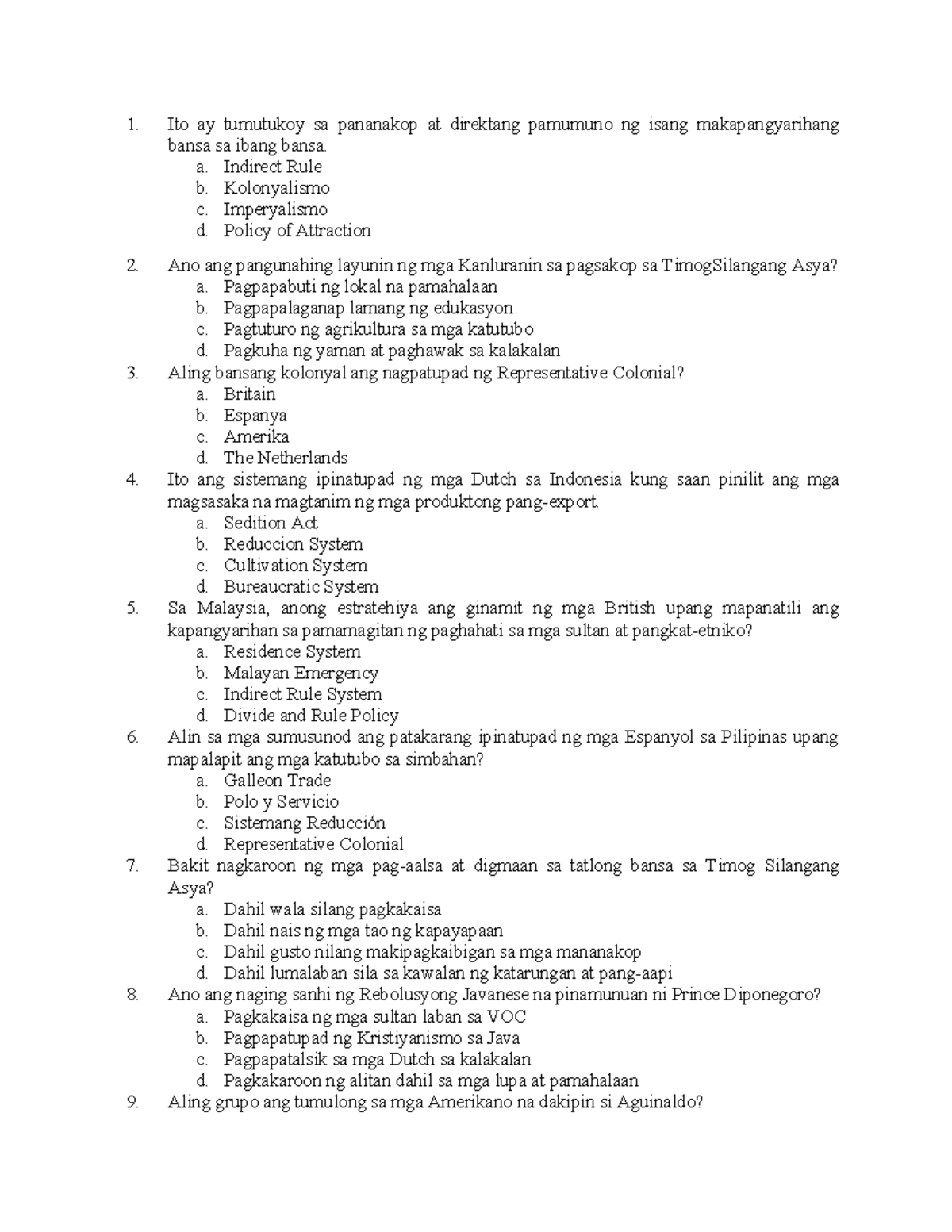 Grade 7 History TEST Questions: Colonialism in Southeast Asia - Studocu