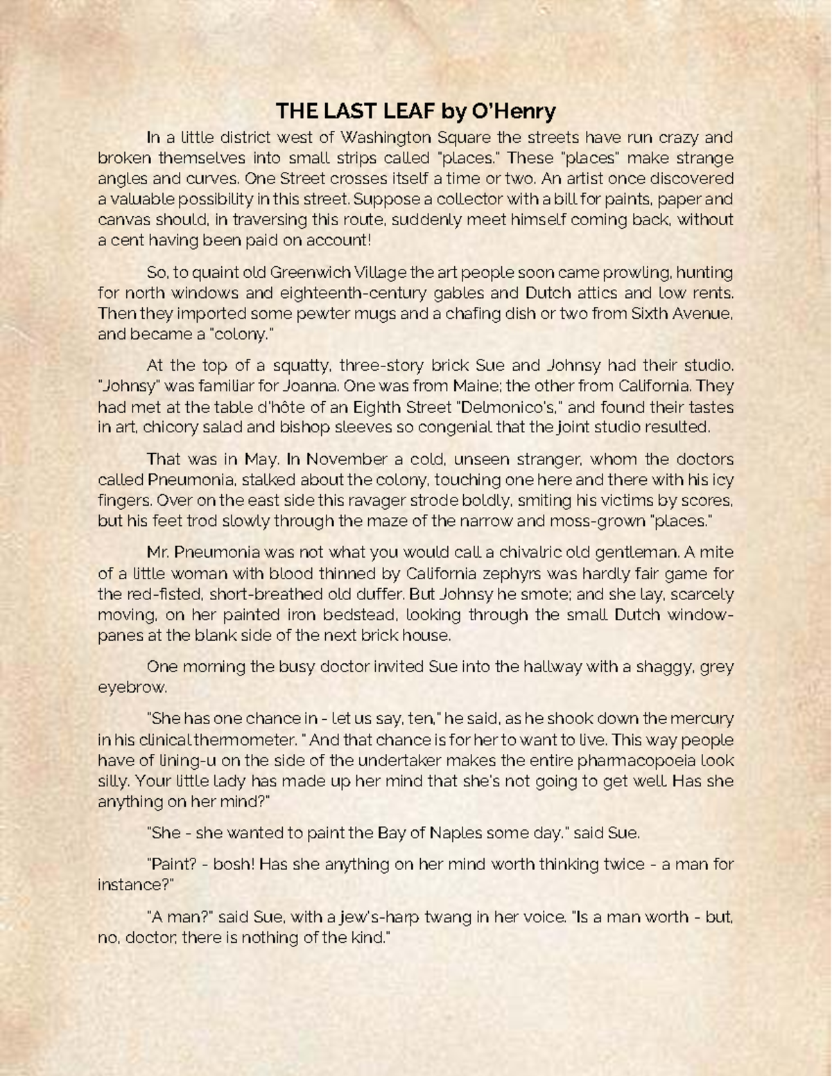 Summary of "The Last Leaf" by O. Henry - Analysis and Themes - Studocu