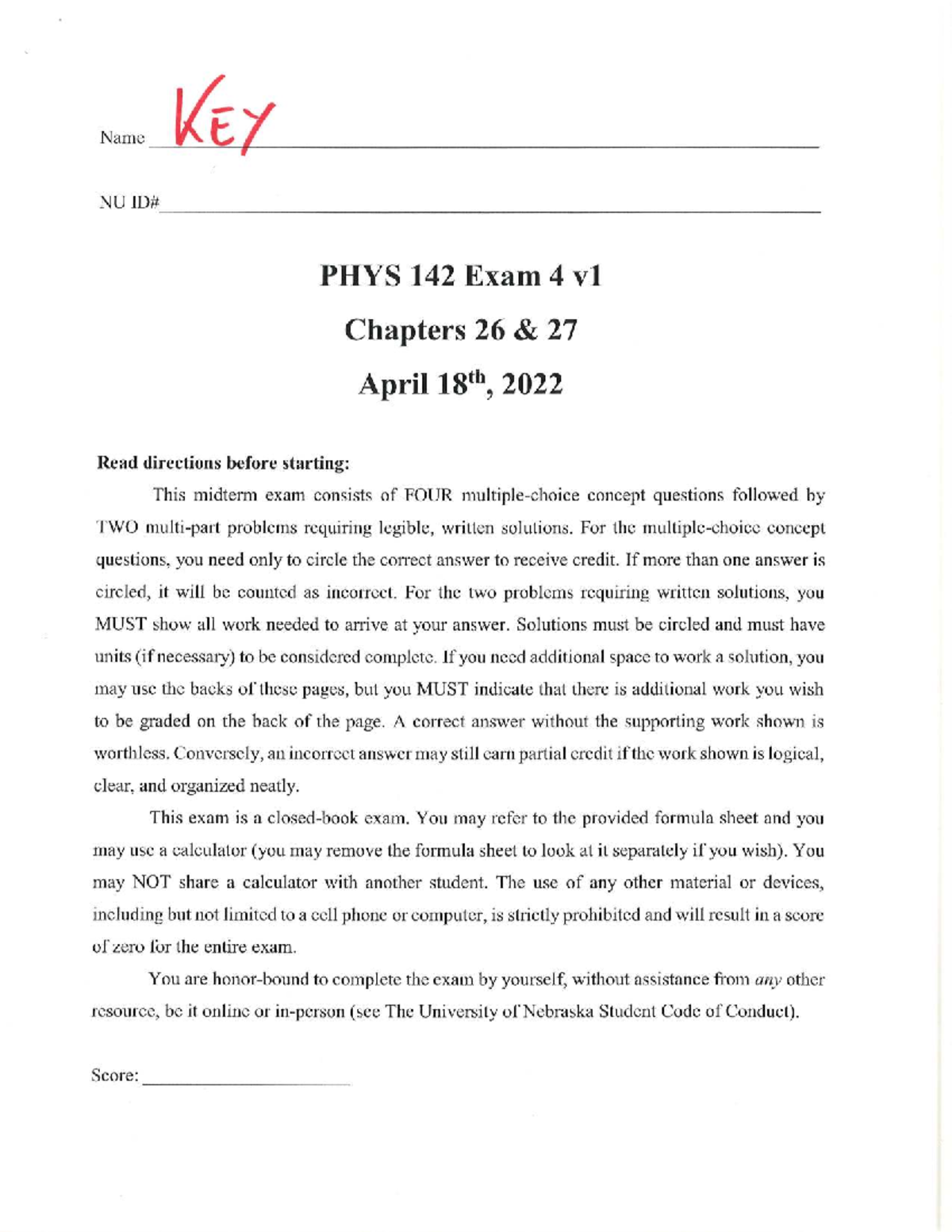 NU PHYS 142 Exam 4 Key: Concepts & Problems Overview - Studocu