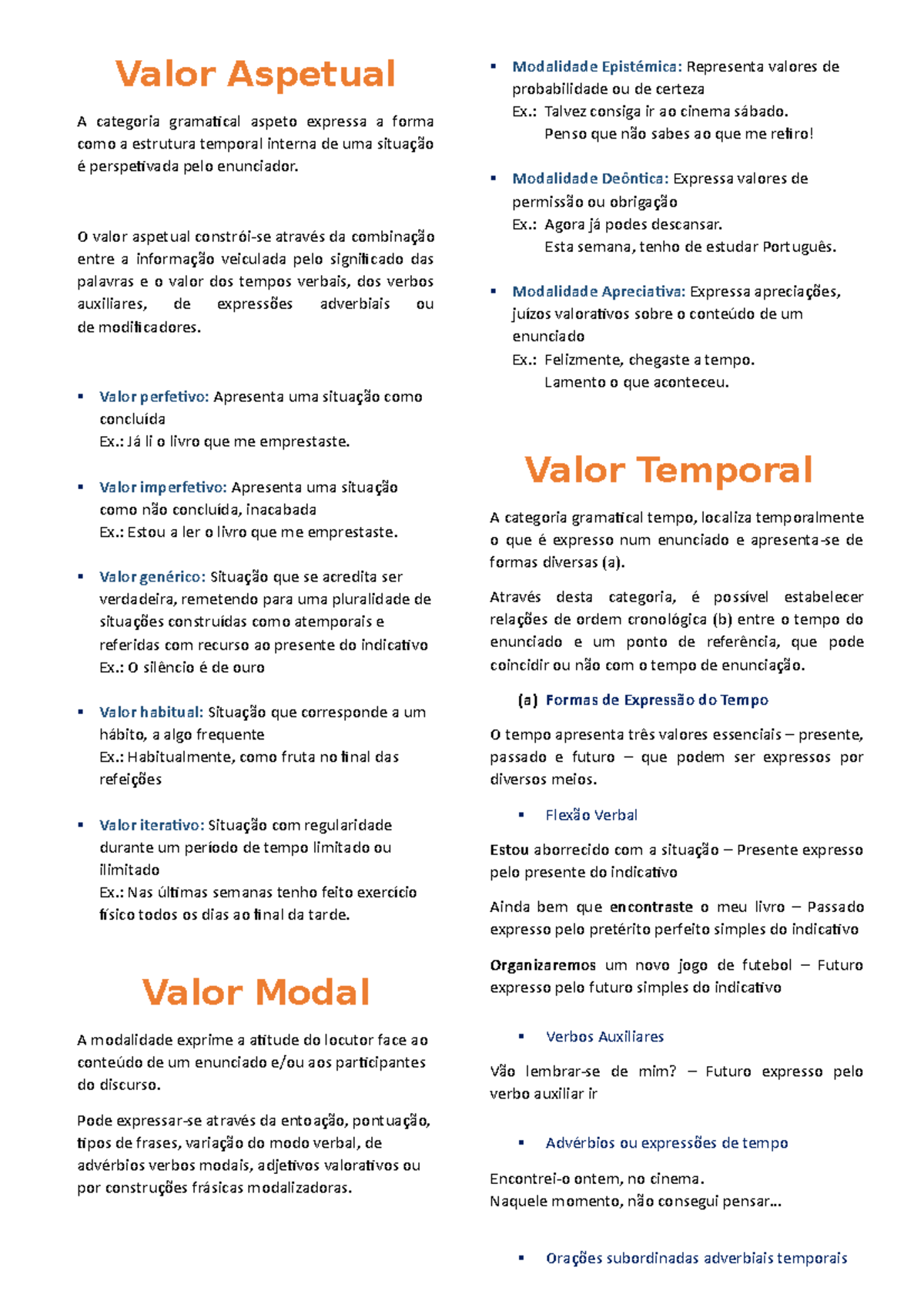 Valor Aspetual, Modal e Temporal: Resumo para Estudo R - Studocu