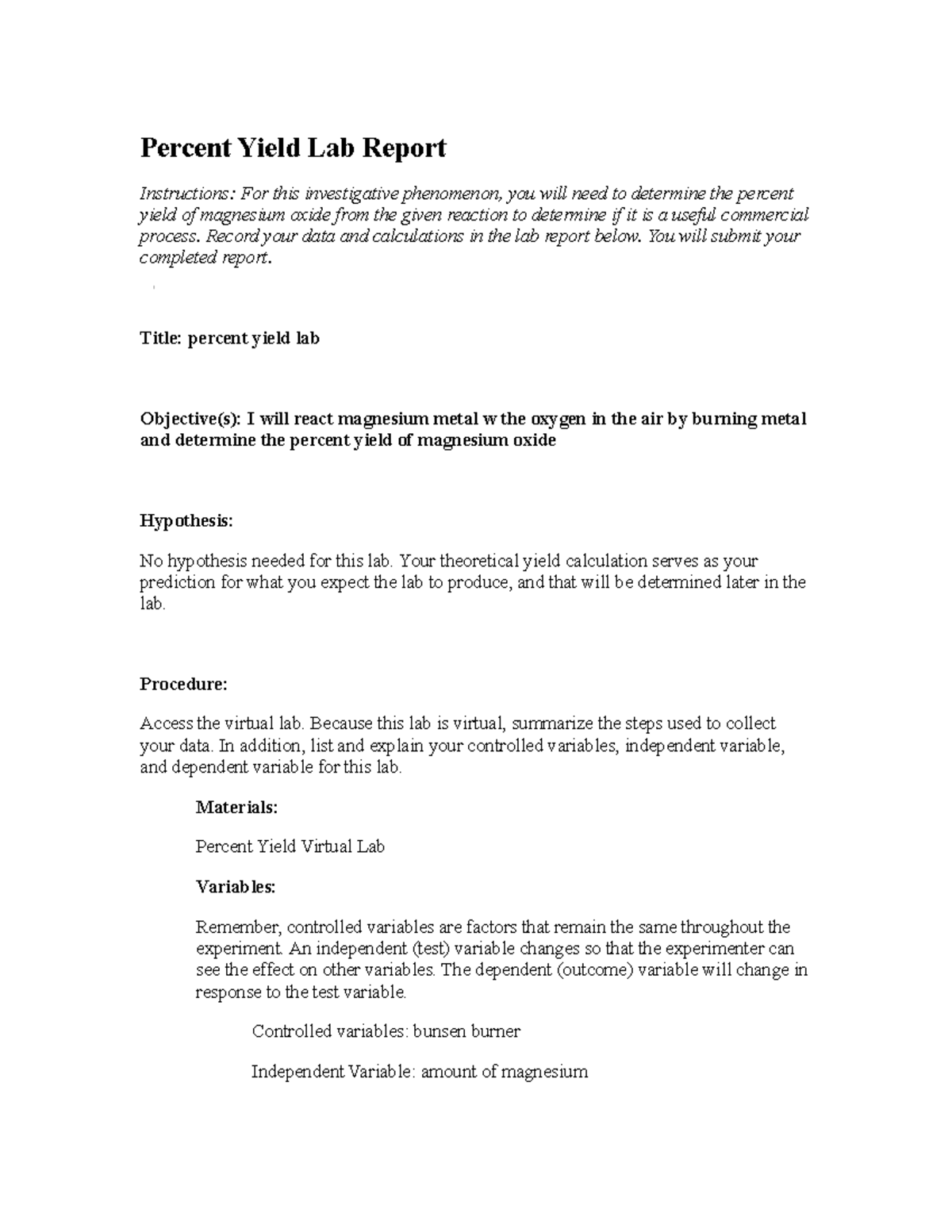 Percent Yield Lab Report - Percent Yield Lab Report Instructions: For ...