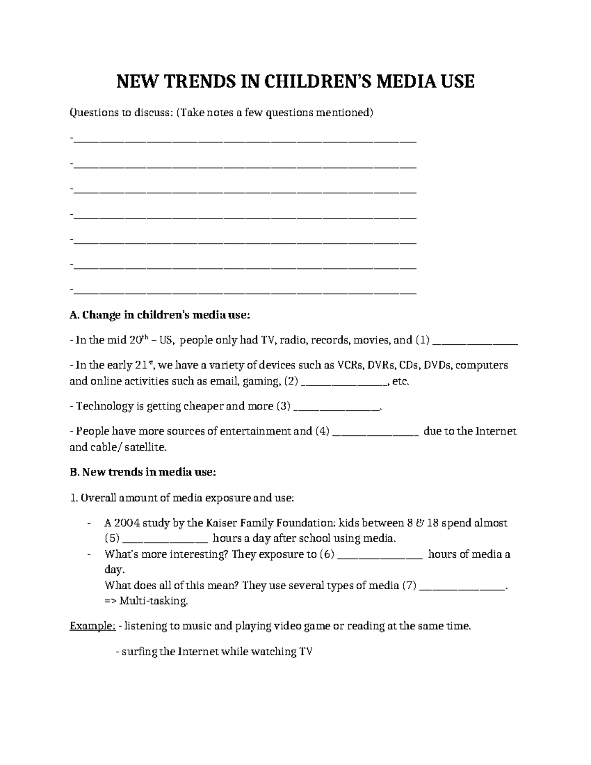 Unit 3 - ụnit3 - NEW TRENDS IN CHILDREN’S MEDIA USE Questions to ...