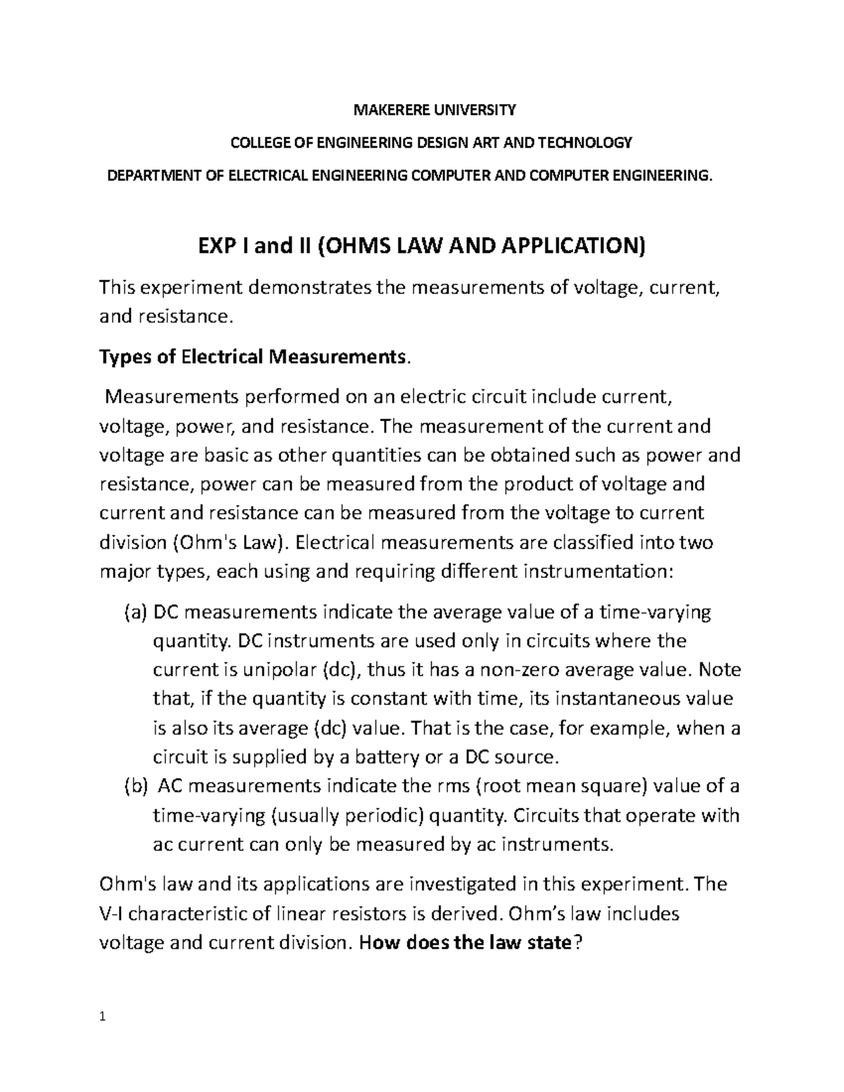 EXP I and II Circuit Theory Lab Report: Ohm's Law & Applications - Studocu