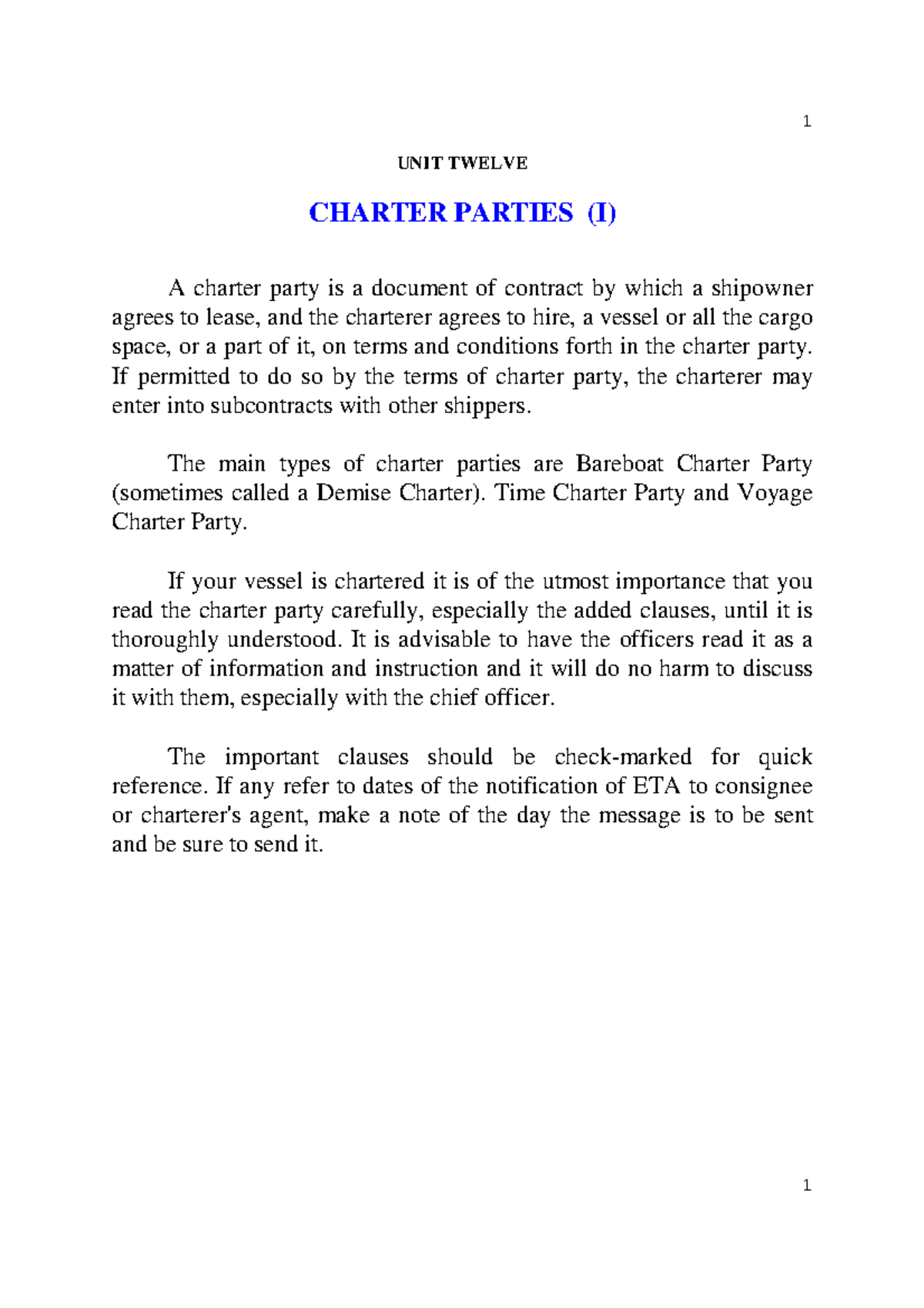 12 Charter Parties - ccc - UNIT TWELVE CHARTER PARTIES (I) A charter ...