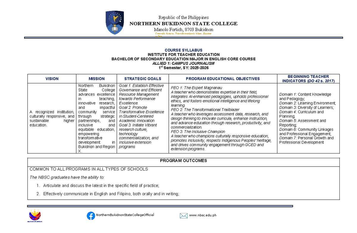 Allied 1: Campus Journalism Course Syllabus - Northern Bukidnon State ...