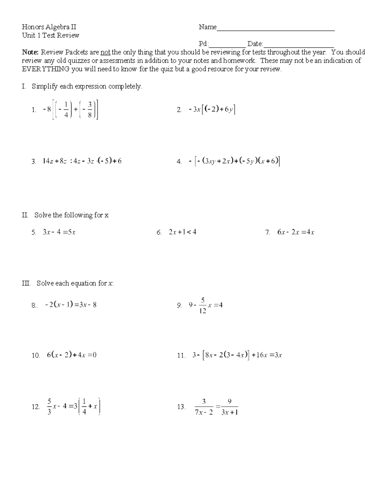 Honors Algebra II Unit 1 Test Review - 2021 - Studocu