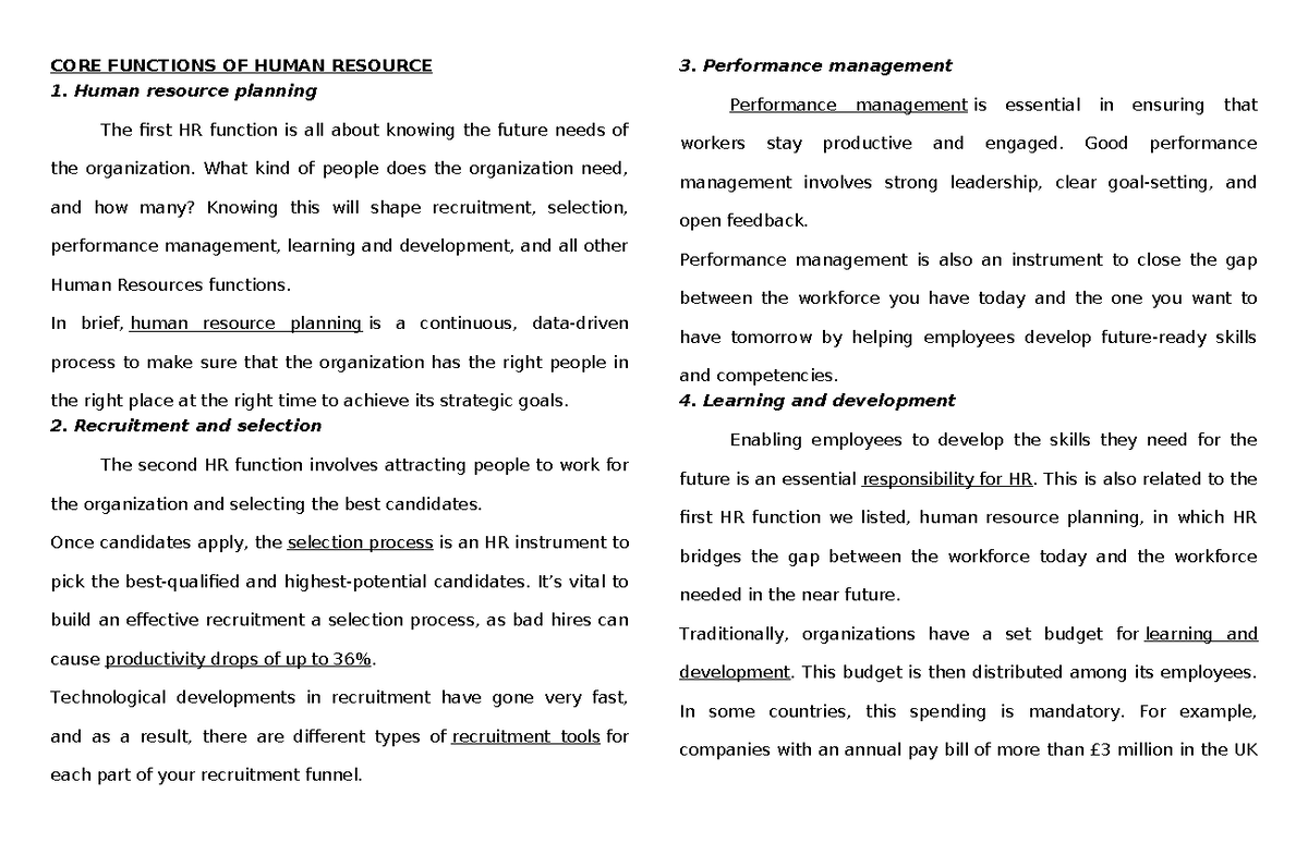 CORE FUNCTIONS OF HUMAN RESOURCE MANAGEMENT (MNGT) - Studocu