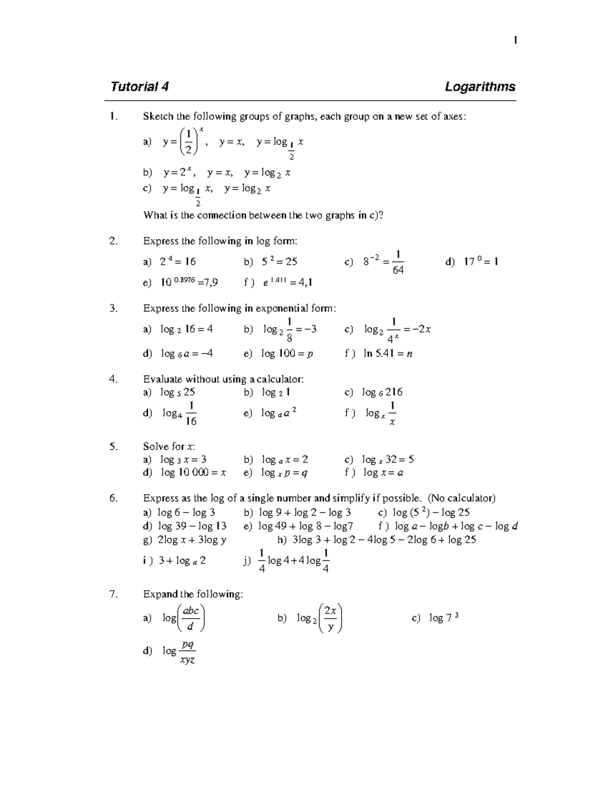 Math 101: Tutorial 4 on Logarithms and Their Applications - Studocu