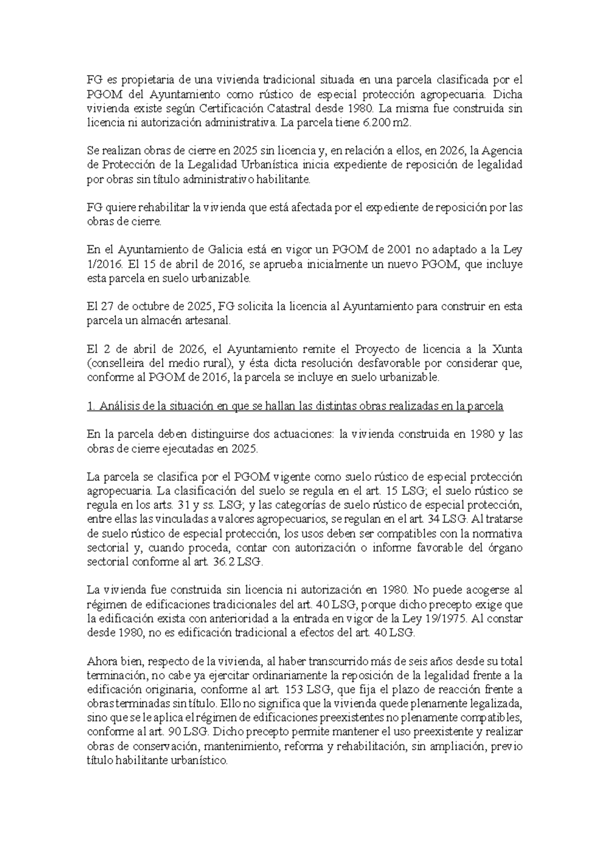 Resumen del Caso de FG sobre Vivienda y Obras en Suelo Rústico (EX URB ...