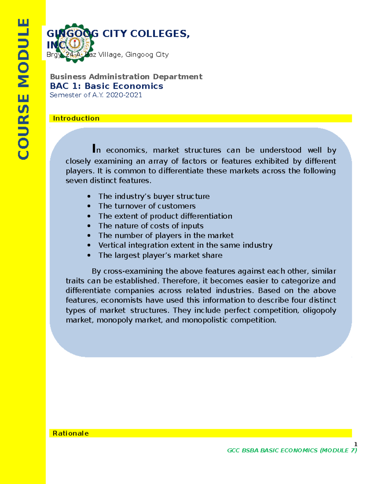 BAC 1 Module 7: Understanding Market Structures and Their Types - Studocu
