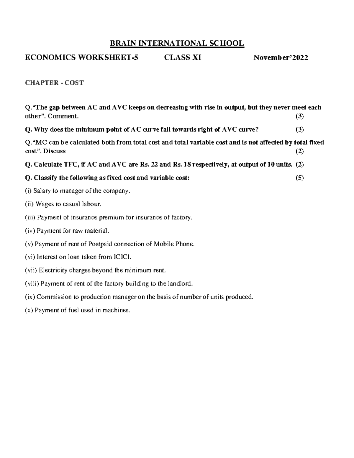 BRAIN INTERNATIONAL SCHOOL ECONOMICS CLASS XI CHAPTER NOTES ON COST AND ...