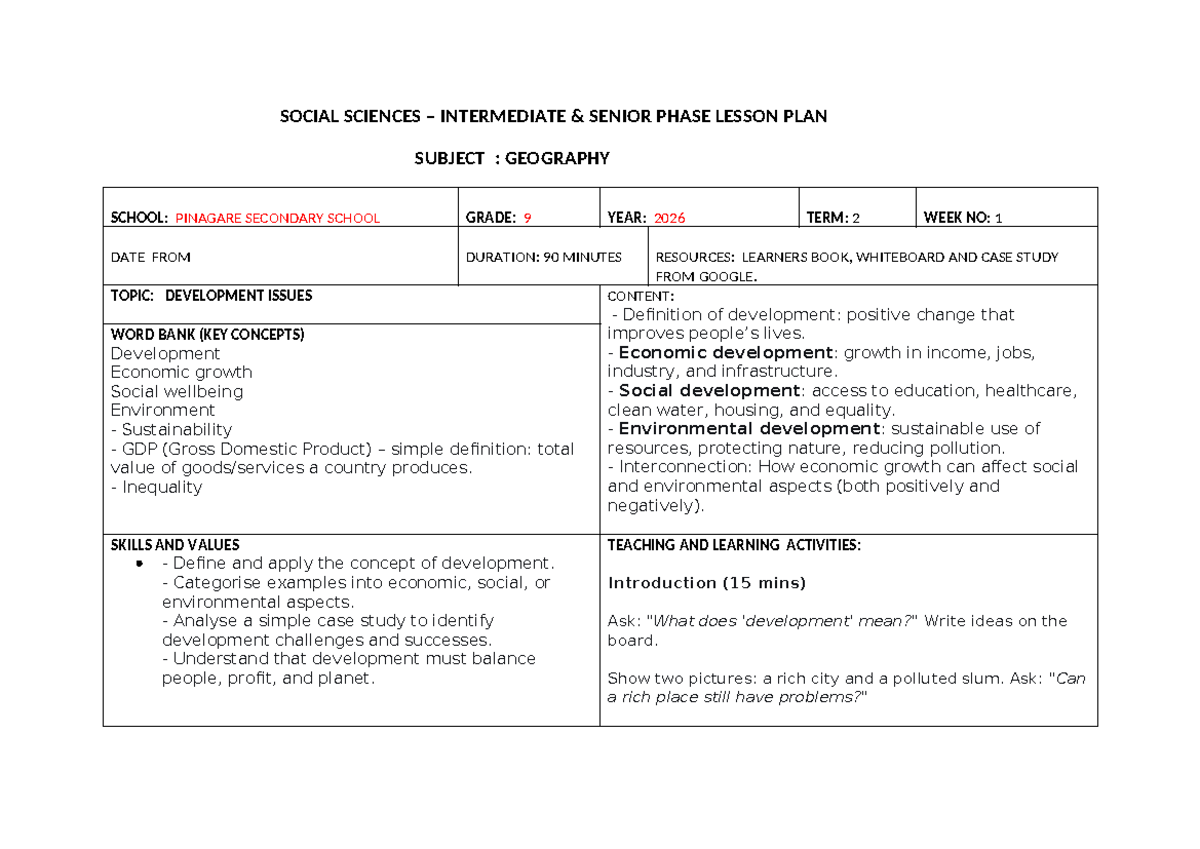 GEOG 9: Development Issues Lesson Plan for Intermediate Phase - Studocu