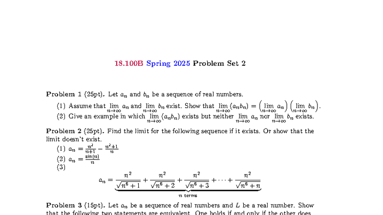 MIT 18.100B Spring 2025 Problem Set 2: Limits and Sequences - Studocu