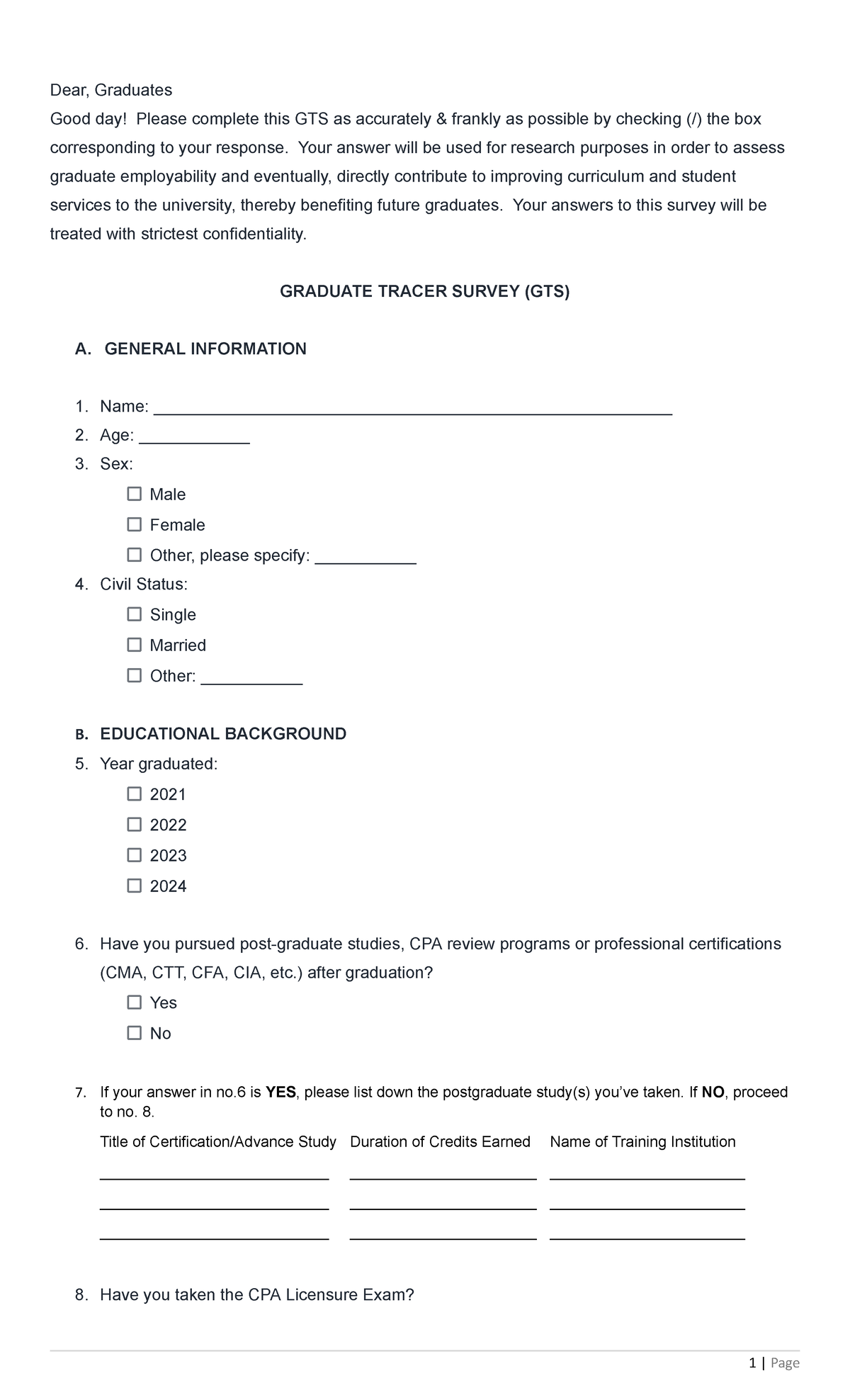Graduate Tracer Survey (GTS) Questionnaire for Employability Assessment ...