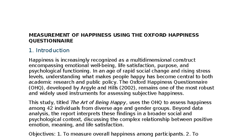 Happiness Report: Measurement Using the Oxford Happiness Questionnaire ...