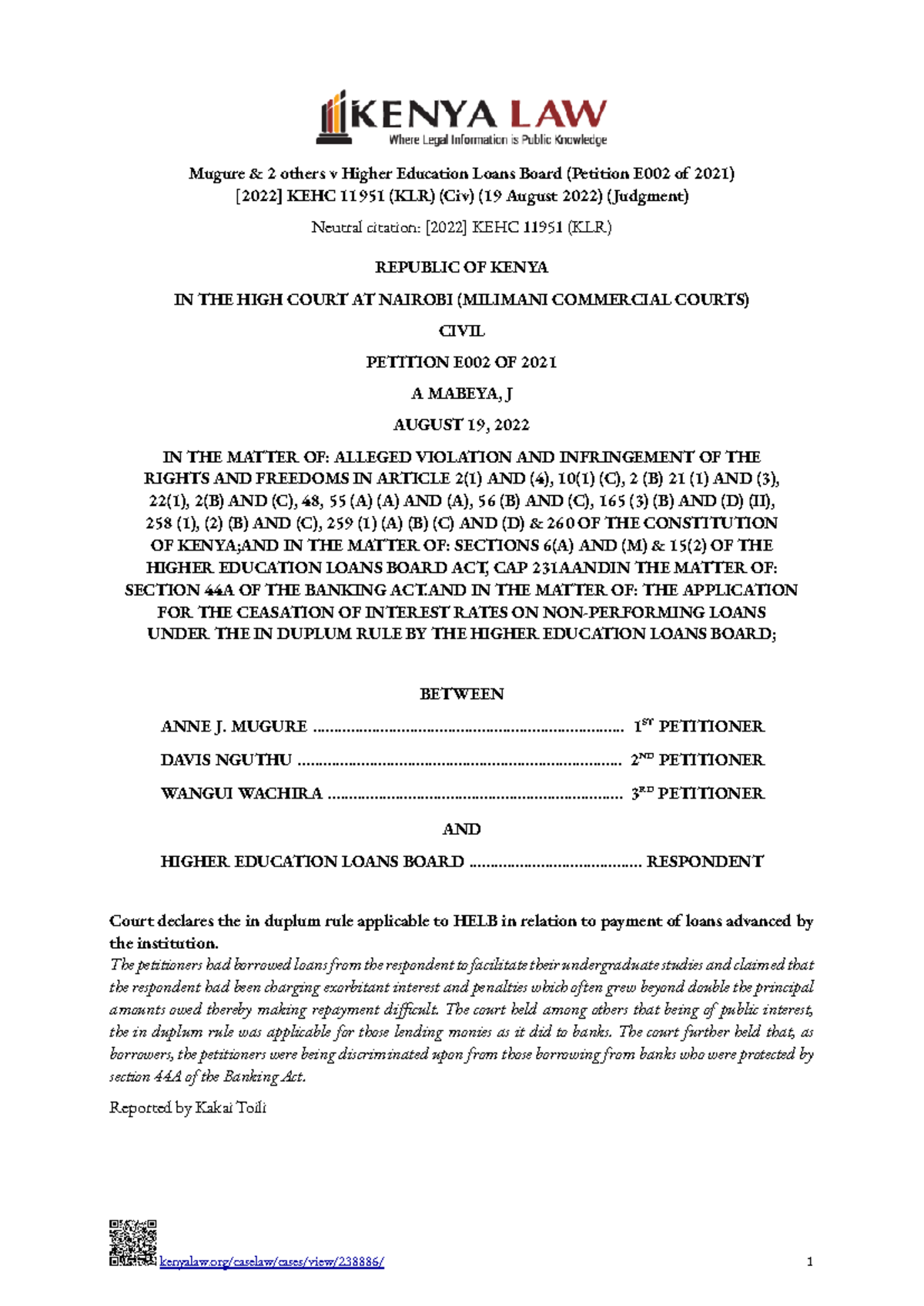 HELB Petition E002/2021: Judgment on In Duplum Rule by Justice Mabeya ...