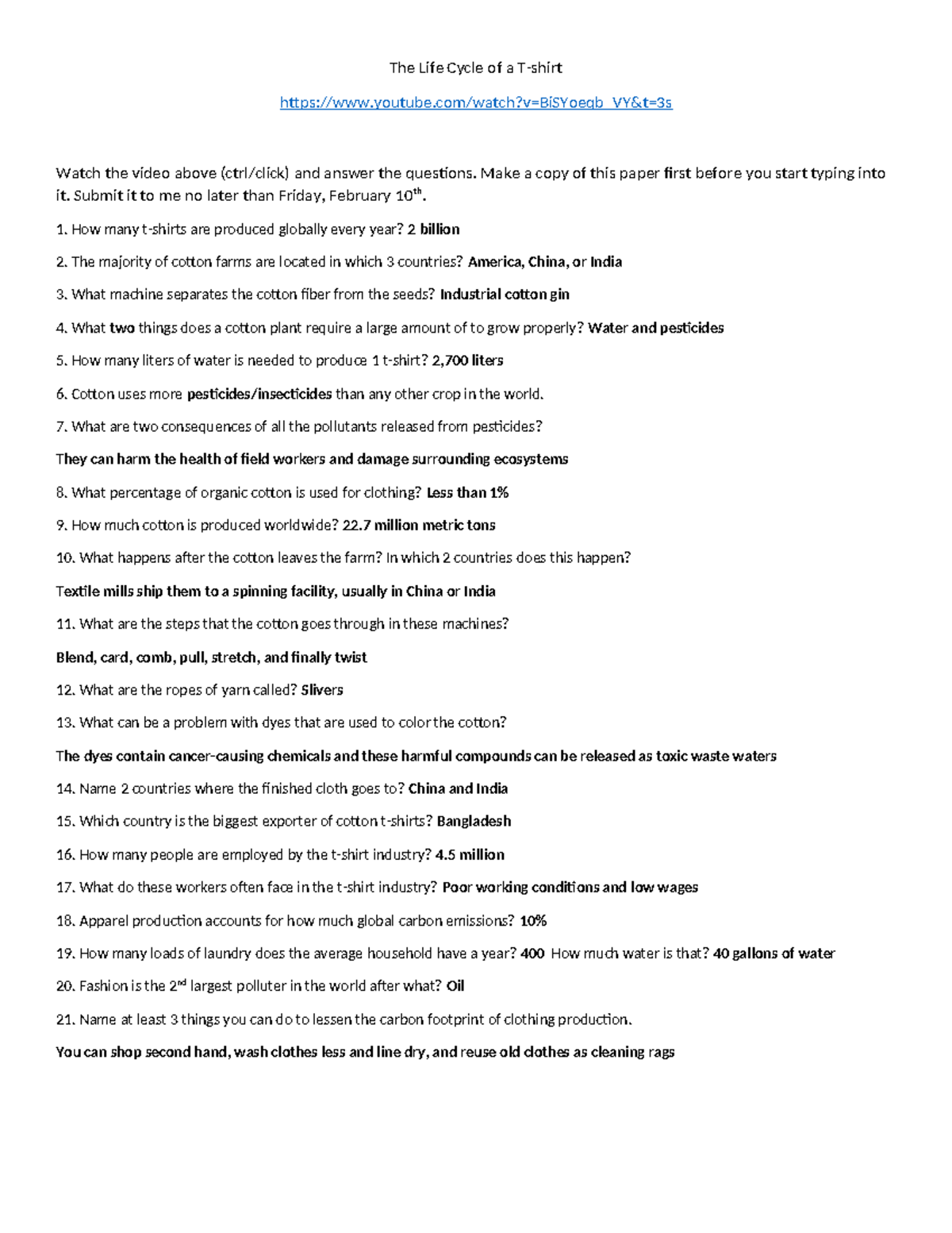 The Life Cycle of a T-Shirt Worksheet (Course Code: TSHRT101) - Studocu