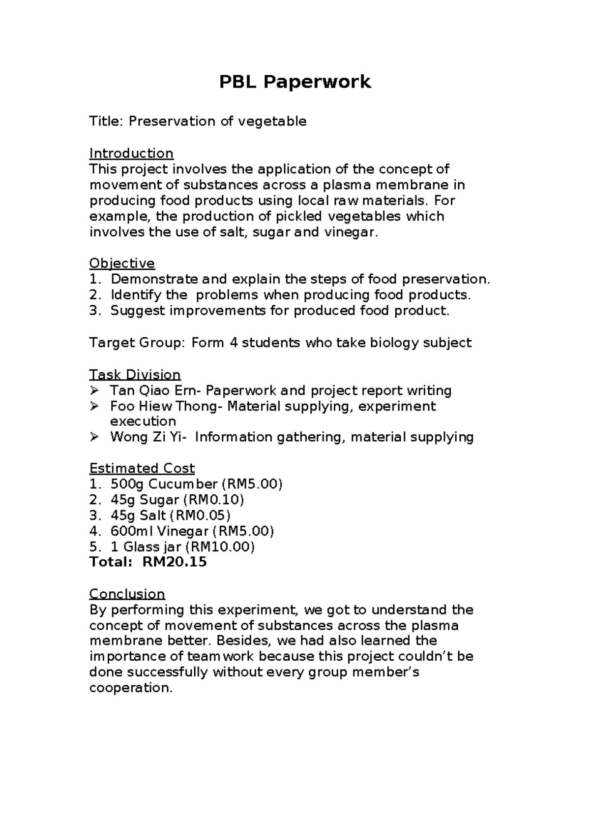Biology PBL Project Report: Food Preservation & Pickling Process - Studocu