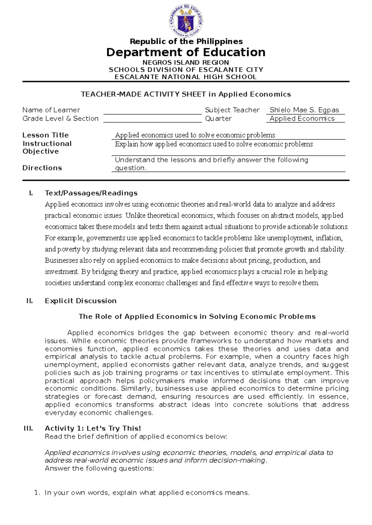 Applied Economics Activity Sheet: Solving Economic Problems - Studocu