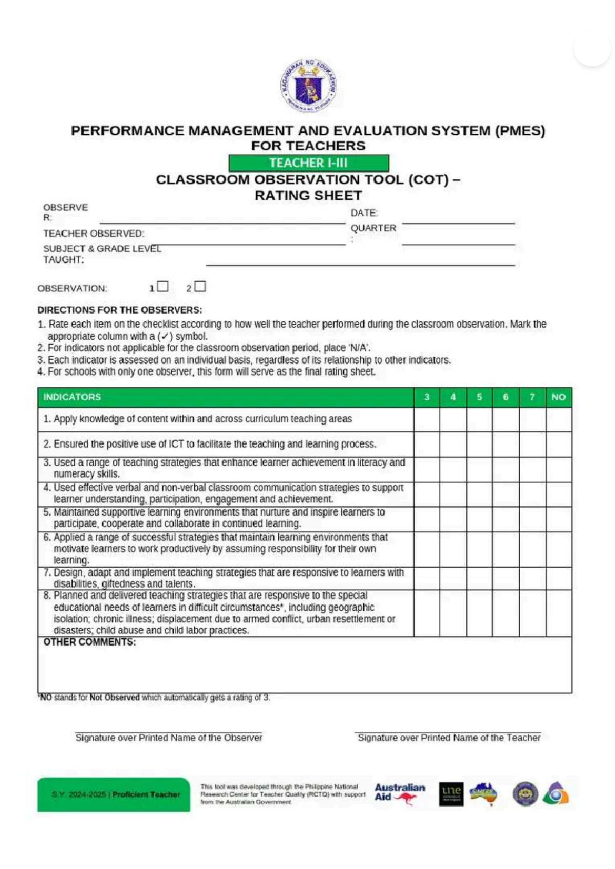 NC FOURATION: PMES Teacher Classroom Observation Tool (COT) - Studocu