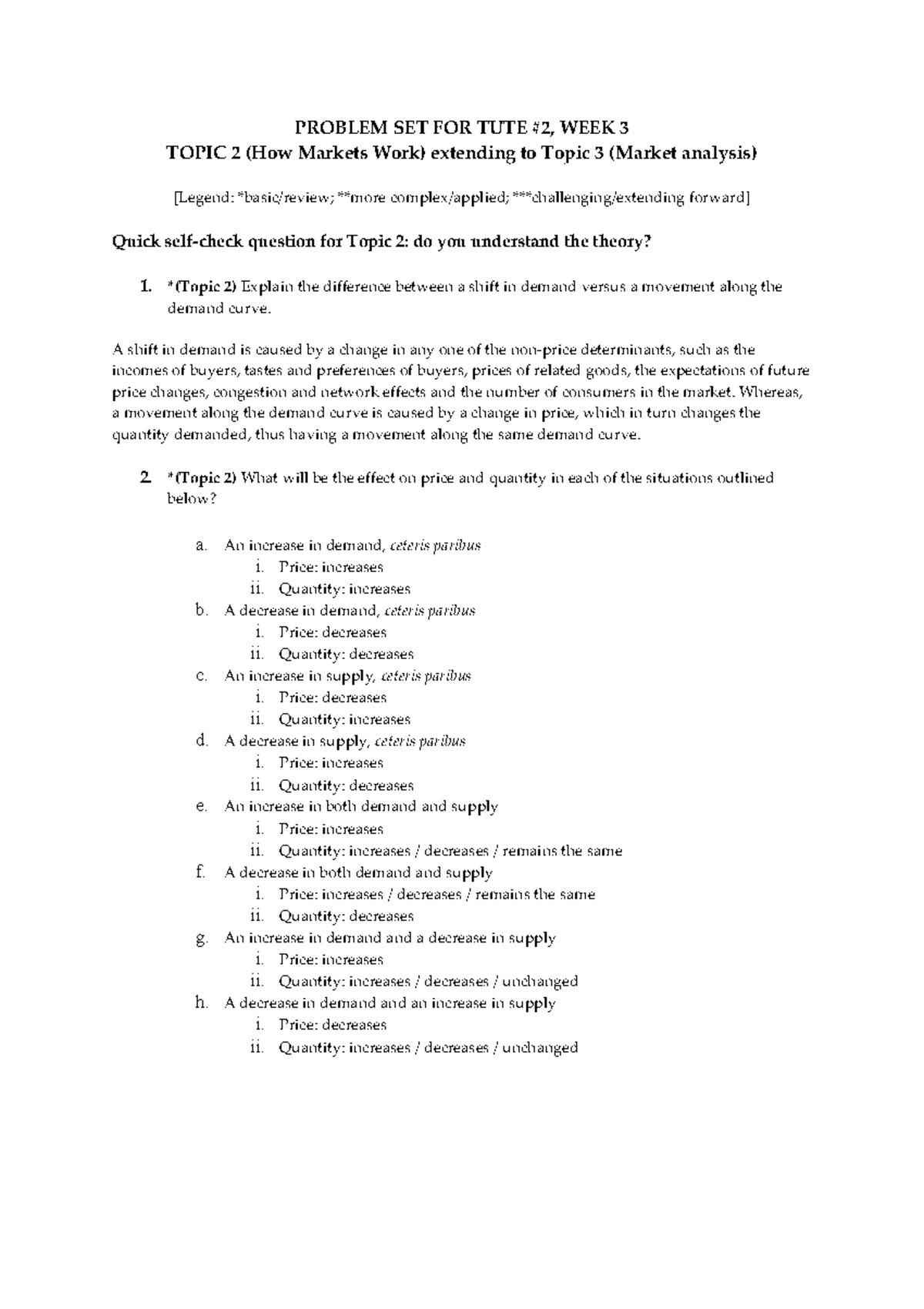 ECON1101 TUTE 2 - tutorial 2 - PROBLEM SET FOR TUTE #2, WEEK 3 TOPIC 2 ...