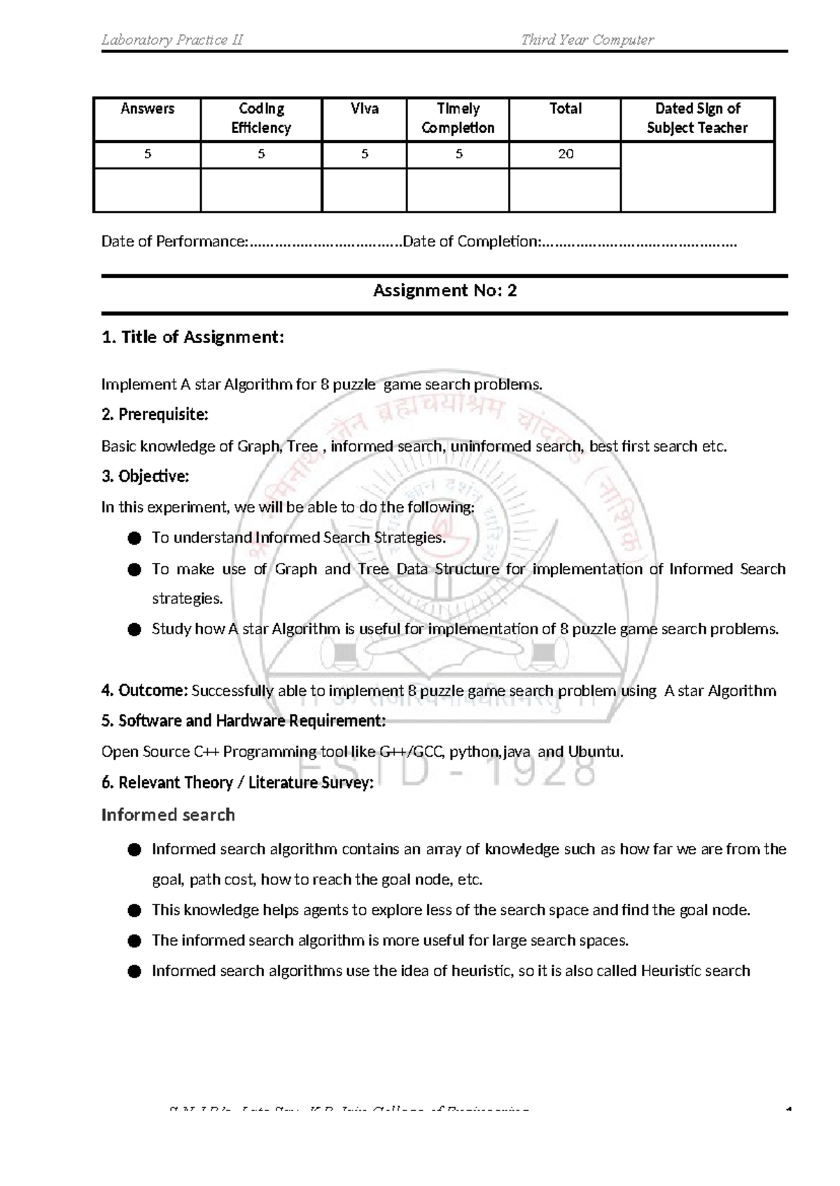 Assignment 2: A* Algorithm for 8-Puzzle Game - LP-II - Studocu