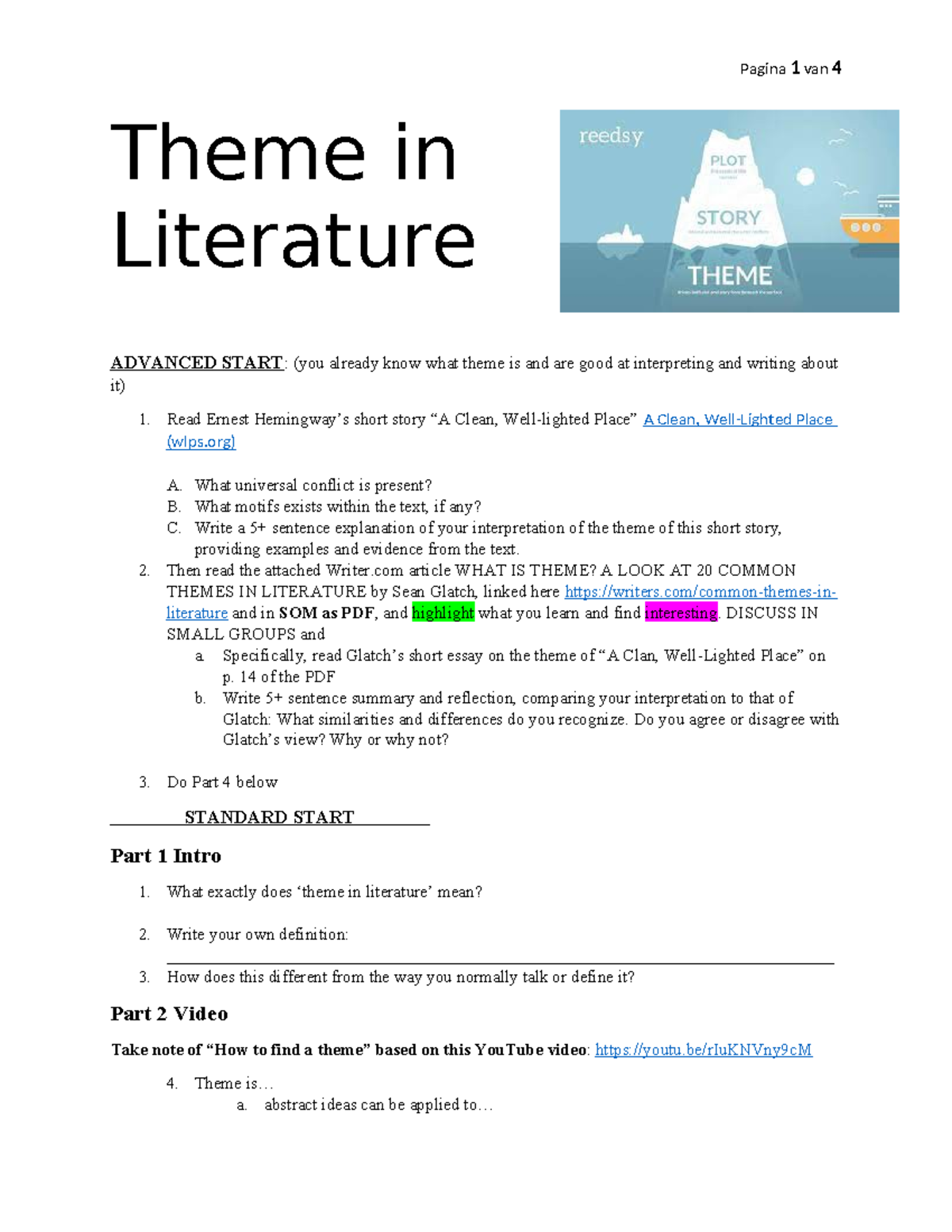 Theme in Literature Lesson Plan (ADVANCED) - Studeersnel