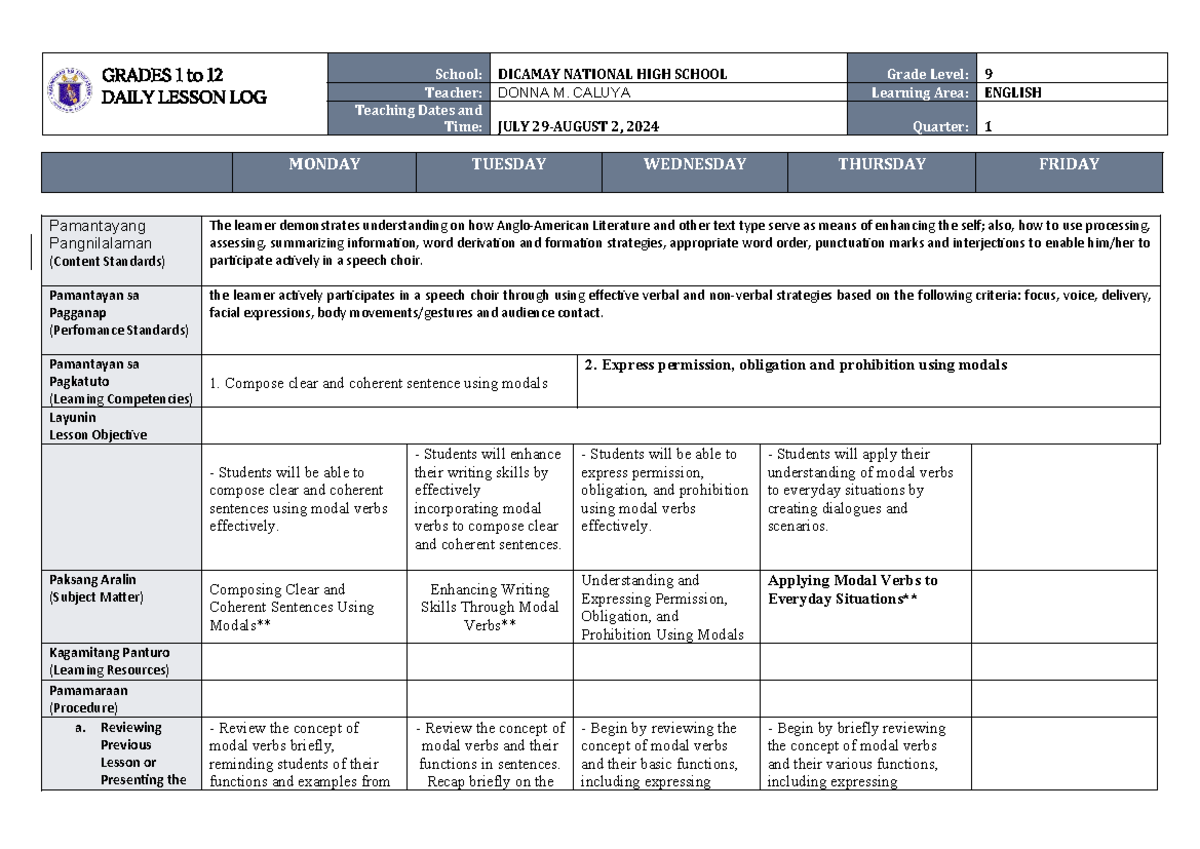 WEEK 1 ENG 9 - Lesson on Using Modals for Writing Skills - Studocu