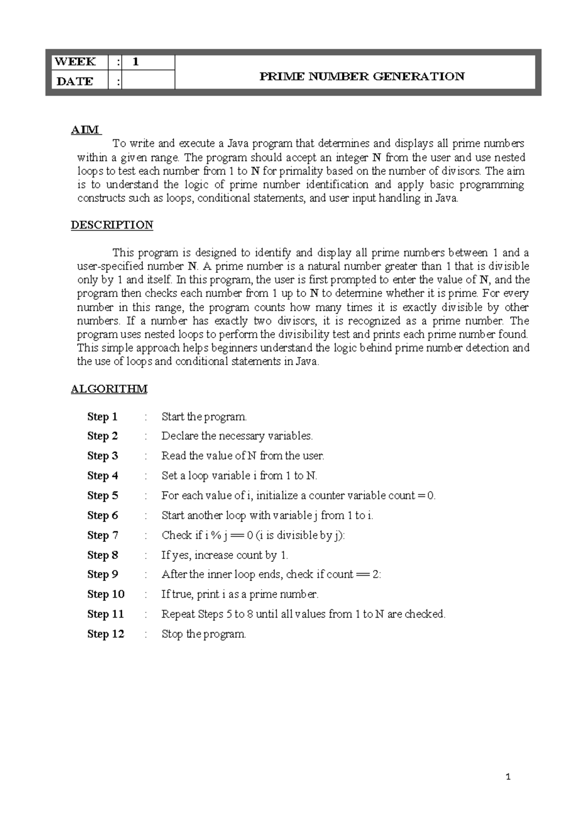 JAVA 4TH SEM II CS 'A' - Prime Number Generation Program - Studocu