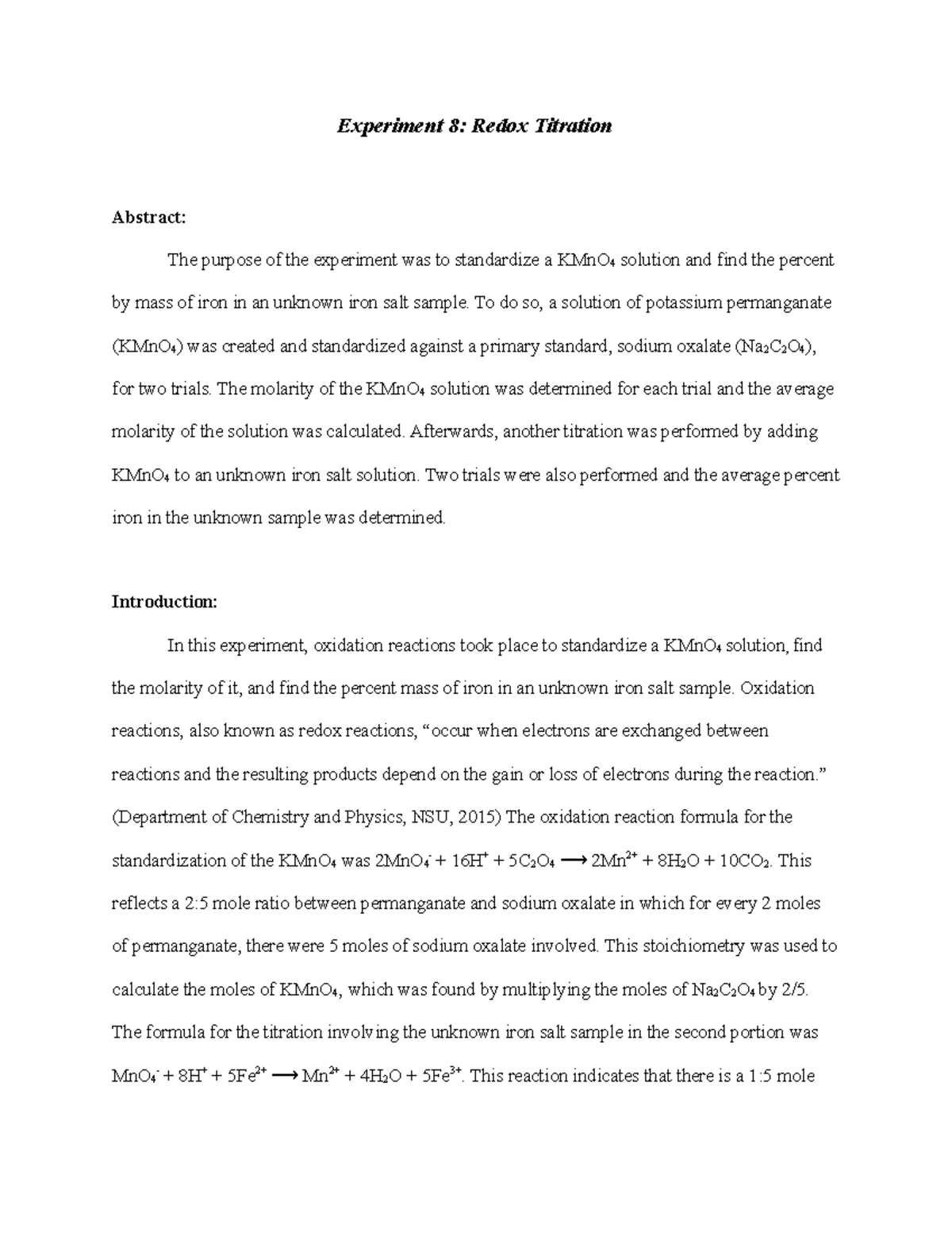 Redox Titration Lab Report: Standardization of KMnO4 & %Fe ...