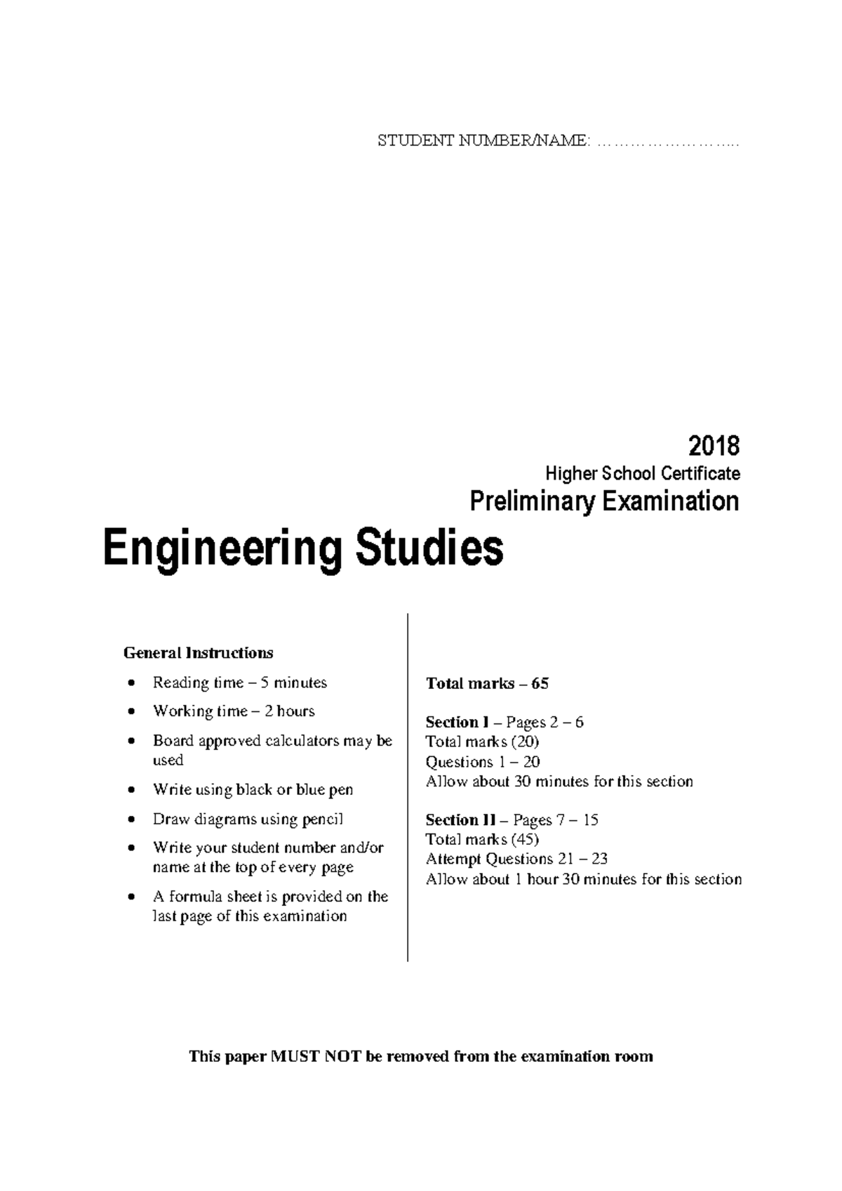 Practice 11ES Preliminary Exam - 2018 Engineering Studies Instructions ...