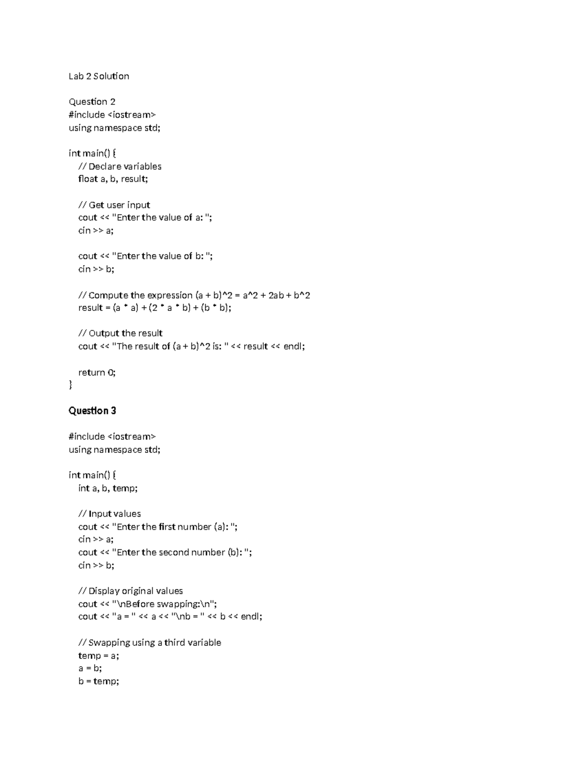 Lab 2 Solution Assignment - Lab 2 Solution Question 2 #include using namespace std; - Studocu