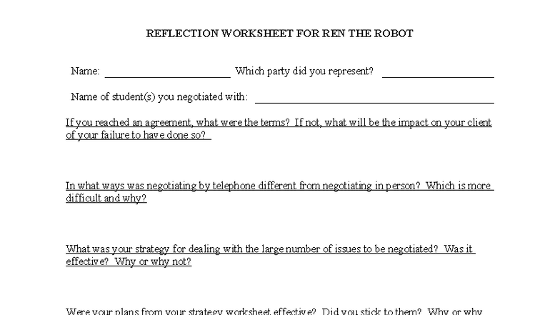 8B Reflection Worksheet: Negotiation Insights on Ren the Robot - Studocu