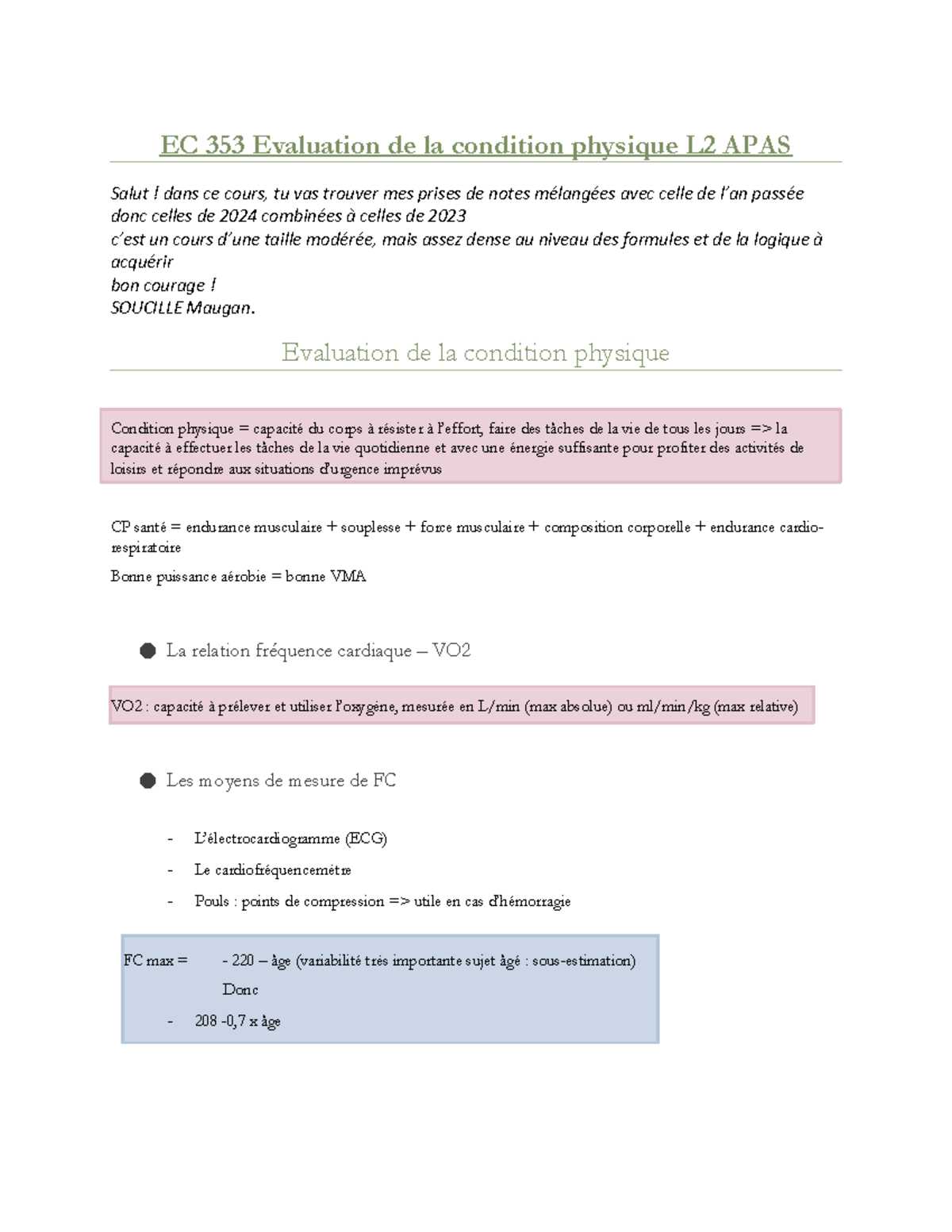 EC 353 Notes de Cours sur l'Évaluation de la Condition Physique L2 APAS ...
