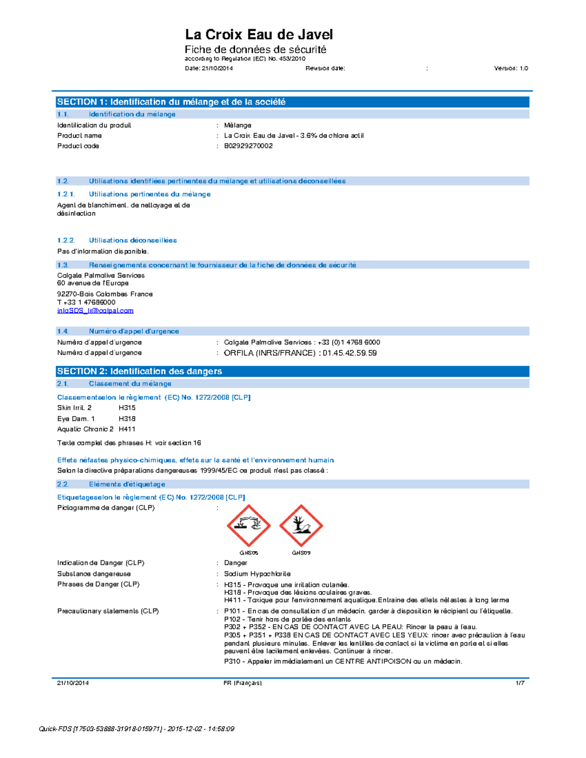 Fiche de Données de Sécurité : Eau de Javel La Croix (Sodium ...