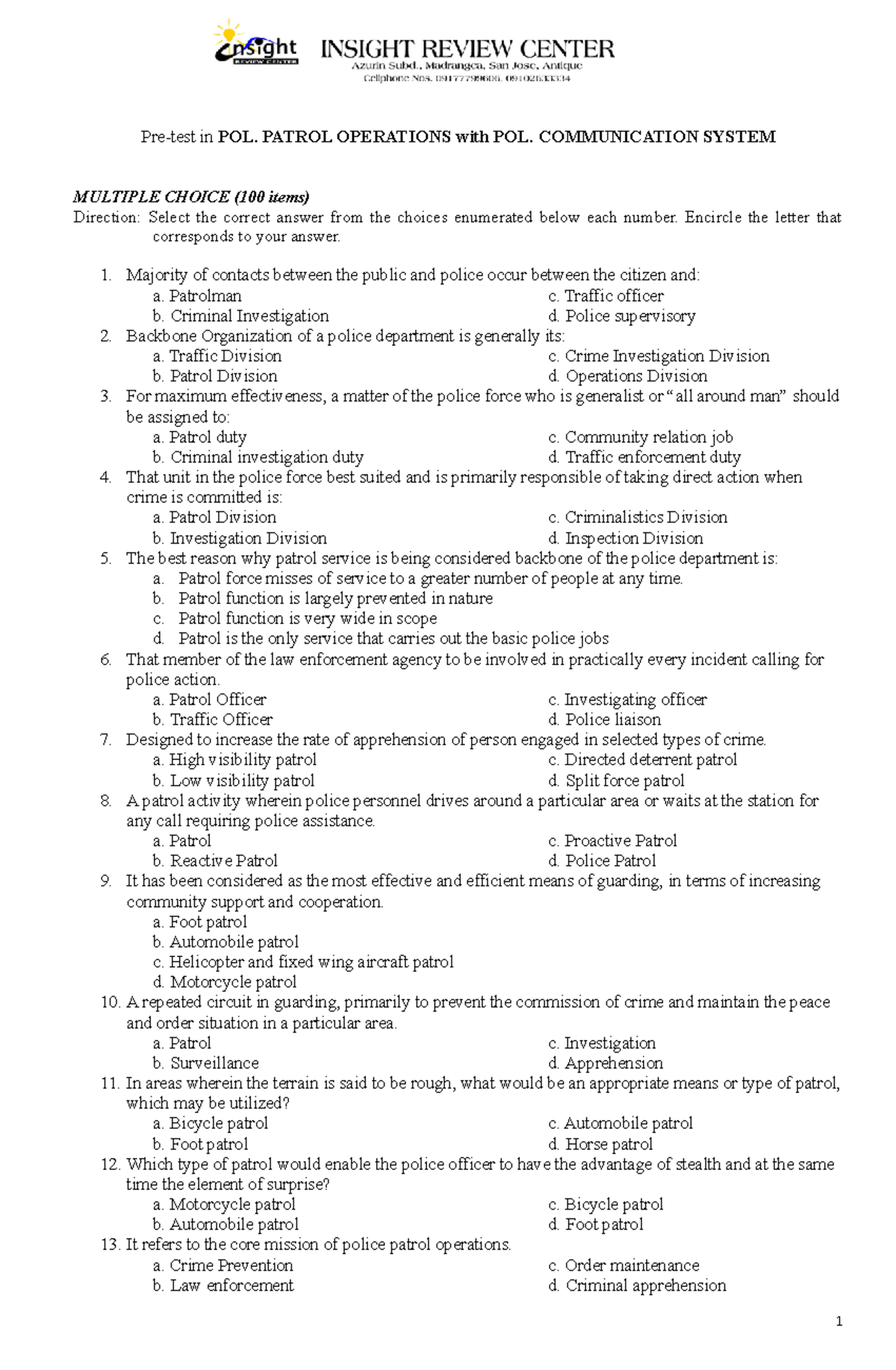 LEC 2014 - Pre-test on Police Patrol Operations & Communication Systems ...