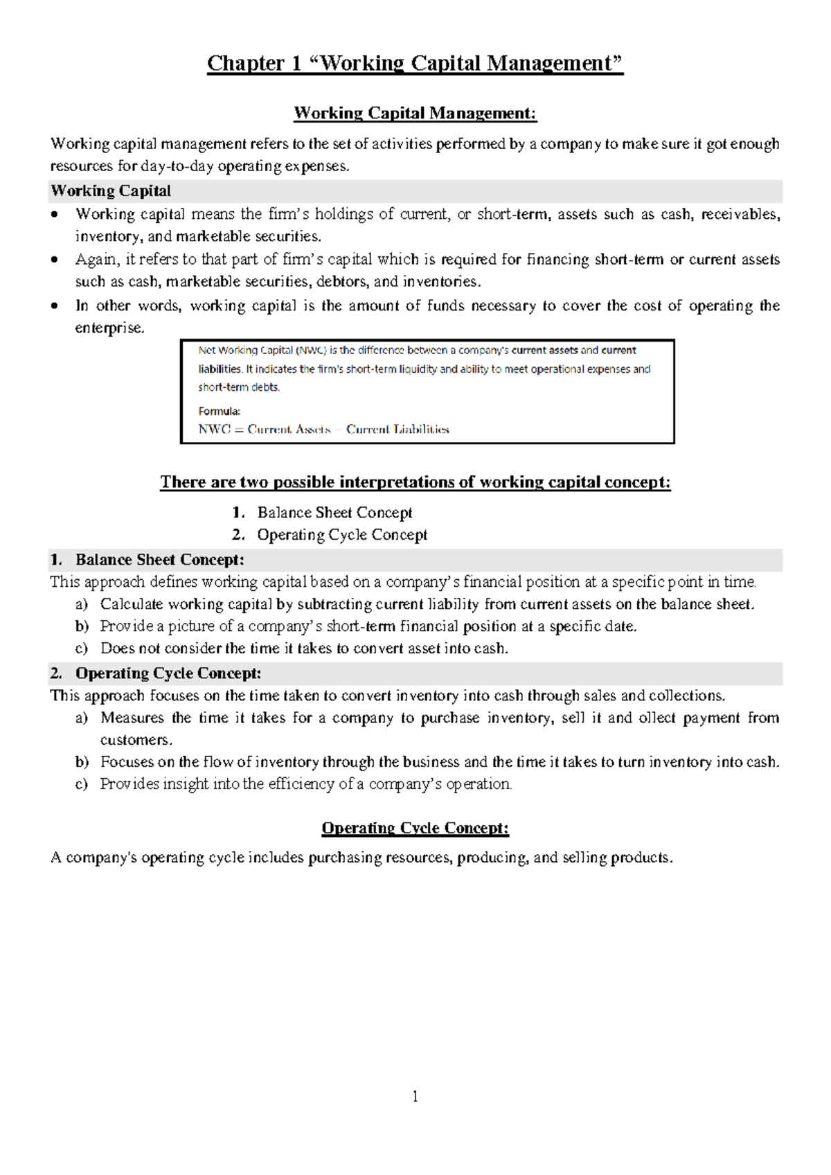 Chapter 1 - Working Capital Management Overview (FIN 101) - Studocu