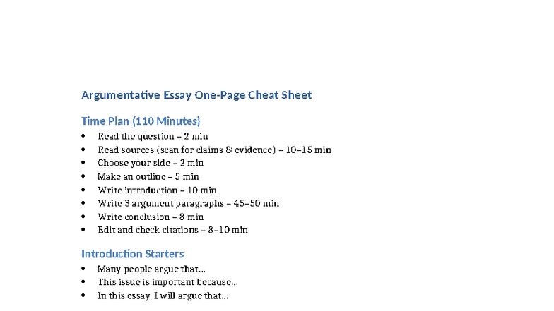 Argumentative Essay Cheat Sheet Plan (110 Min) - Studeersnel
