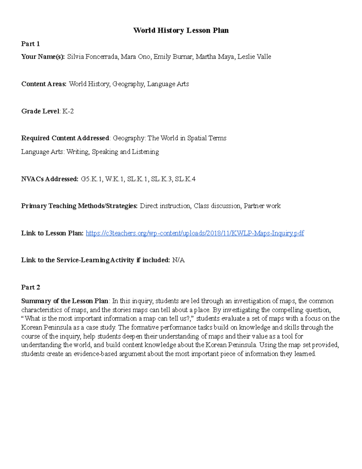 World History Lesson Plan - K, W.K, SL.K, SL.K, SL. Primary Teaching ...