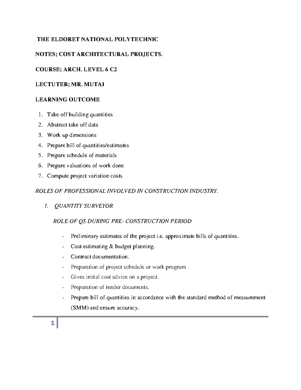 ARCH. LEVEL 6 C2: Cost Architectural Projects & Roles in Construction ...