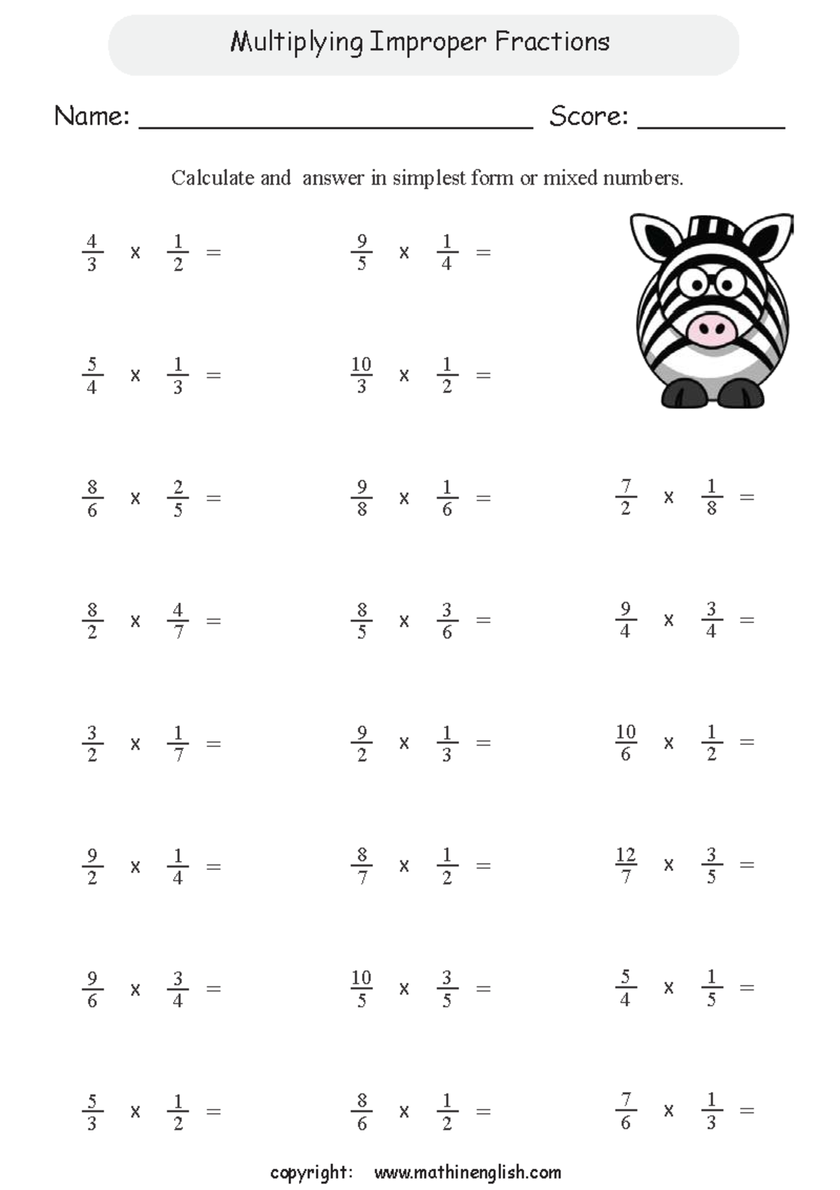 Multiplying Improper Fractions - Practice P 5 - Studocu