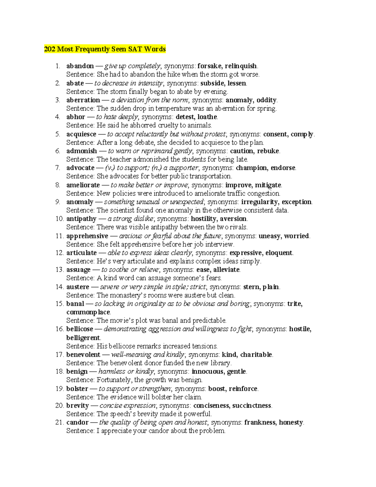 202 Essential SAT Vocabulary Words for Success - Studocu